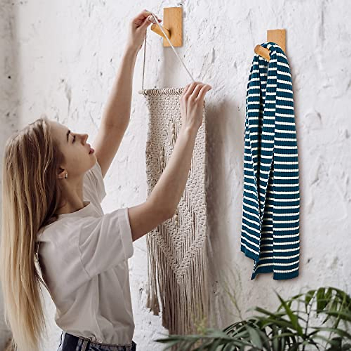 8 Pieces Wood Wall Hooks Hat Rack Decorative Wooden Coat Hooks Wall Mounted Heavy Duty Beech Coat Hangers for Wall Single Adhesive Backpack Hanger for Bathroom Hanging Hat Towel Key, Rectangle, 30lbs