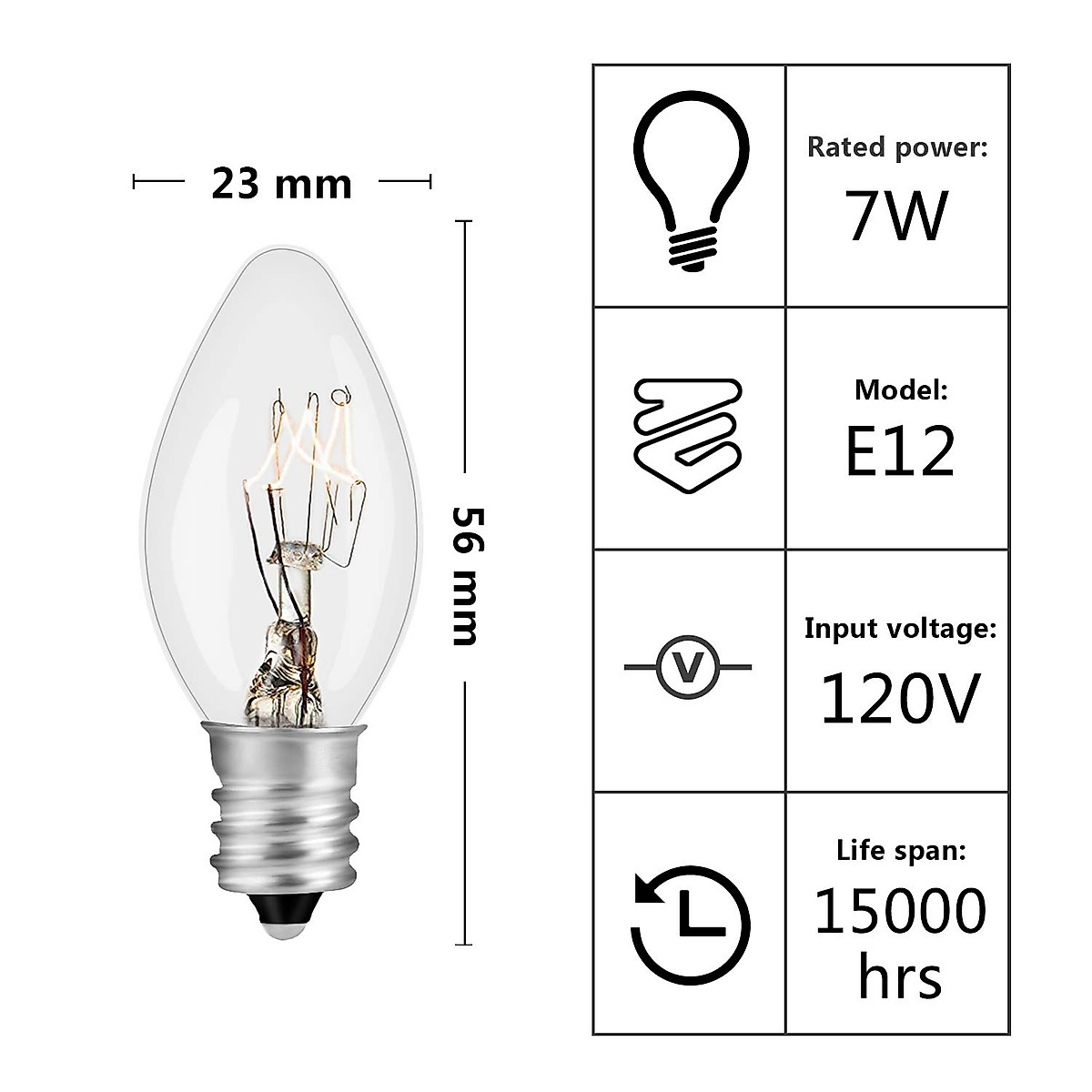 LEDESIGN 7 Watt Night Light Replacement Bulbs, Salt Lamp Light Bulb, Plug-in Night Light, Electric Window Candle Bulb, Night Lamps &Christmas Lights Incandescent E12 Socket C7, 12 Packs