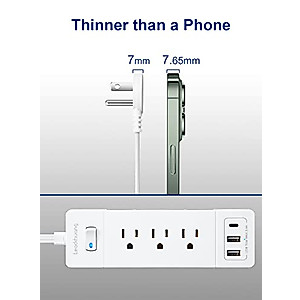 Leadchuang 1875W Power Strip Ultra-Flat Plug Extension Cord with USB C Ports, Surge Protector with 3 USB 3 AC Outlet, Mountable Flat 5 ft with Phone Stand for Kitchen, Home and Office