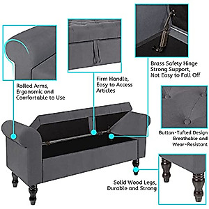 Polar Aurora Storage Bench with Upholstered Rolled Arm Ottoman Bench Couch w/Solid Wood Legs for Bedroom End of Bed, Entryway and Living Room (Gray)