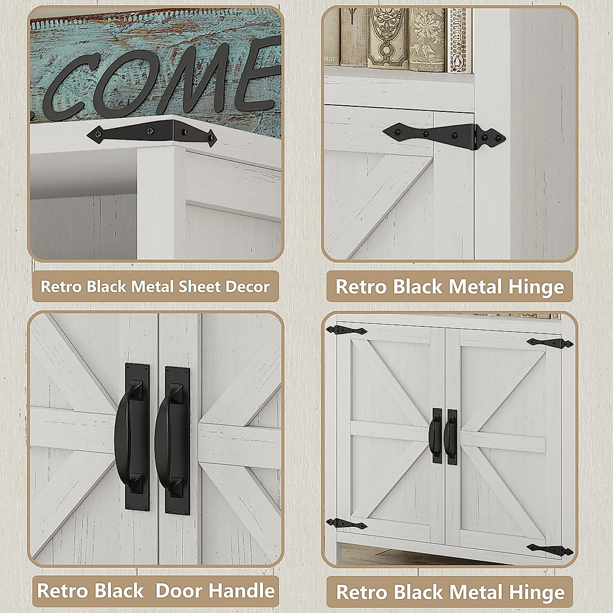 Furnihold Farmhouse Bookcase and Bookshelf with Doors, 5-Shelf Bookcase Adjustable Bookshelf, Wood Bookcase Tall Storage Cabinet for Bedroom, Office Room, Living Room, Off White