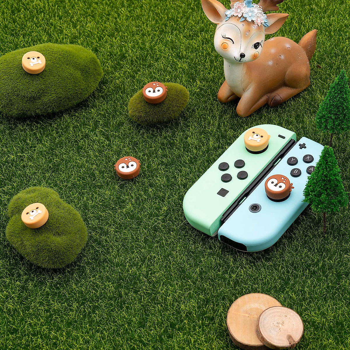 GeekShare 4PCS Cute Animal Theme Thumb Grip Caps,Soft Silicone Joystick Cover Compatible with Nintendo Switch/OLED/Switch Lite - Deer and Dog