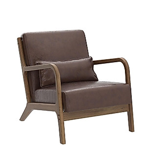 Glitzhome 2 Set Mid Century Coffee Accent Armchair, Single Reading Armchair PU Leather Lounge Chair with Walnut Ruberwood Frame