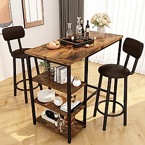 LTTROMAT Kitchen Dining Table Set for 2, Bar Table and Chairs Set with 3 Storage Shelves, Tall Dining Table with 2 PU Leather Backrest Stools for Small Space, Kitchen Island, Apartment, Brown
