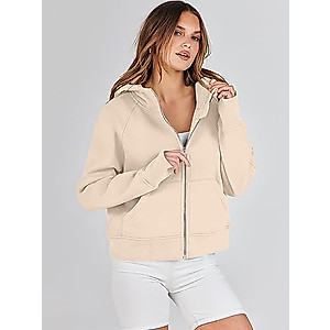 ANRABESS Women's Cropped Hoodies 2023 Fall Plain Jacket Cute Teen Girl Athletic Tops Ribbed Knit Casual Long Sleeve Fleece Sweatshirts Zip Up Hippie Clothes Thumb Hole A1015shenkaqi-S Apricot