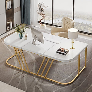 Tribesigns 63" Executive Desk, Large Home Office Desk with Metal Frame, Modern Wood Study Writing Computer Desk Conference Table for Home Office, White & Gold