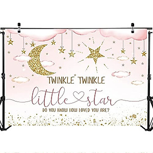 Mocsicka Pink Twinkle Twinkle Little Star Baby Shower Backdrop Gold Glitter Stars and Moon Pink Baby Shower Party Decorations for Girls Sparkle Stars Gender Reveal Photography Background (7x5ft)