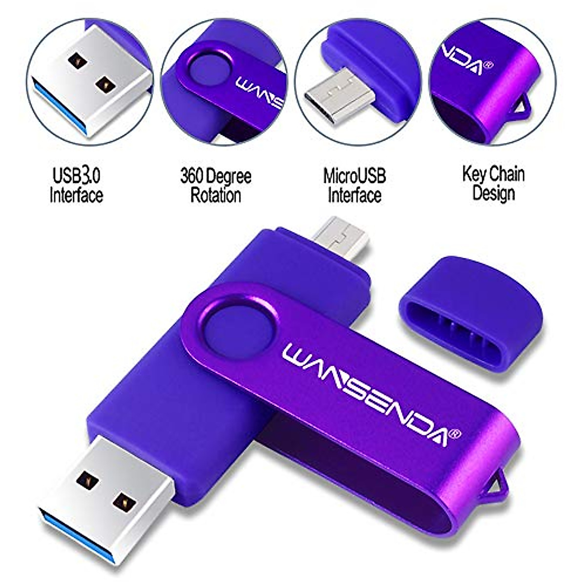 OTG USB Flash Drive WANSENDA 3.0 USB Memory Stick 256GB 128GB 64GB 32GB 16GB Pen Drive High Speed for Android/PC/Mac (16G, Purple)