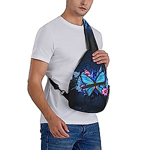SURERUIM Blue Butterfly Sling Bag Crossbody Shoulder Backpack Blue Butterfly with Pink Flowers on Black Background Aesthetic Art Print Chest Bag Cute Insect Print Travel Hiking Daypack for Men Women