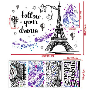 RW-4939 Giant Eiffel Tower Wall Decals Purple Feather Stars Vinyl Wall Stickers DIY Removable Balck Unique Paris Hot Air Balloons Stars Decor for Kids Teens Bedroom Living Room Nursery Decoration