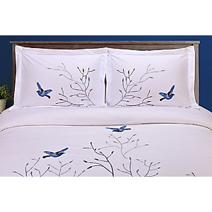 Superior 100% Cotton Percale Embroidered 3-Piece Duvet Cover Set, King/California King, Blue Swallow