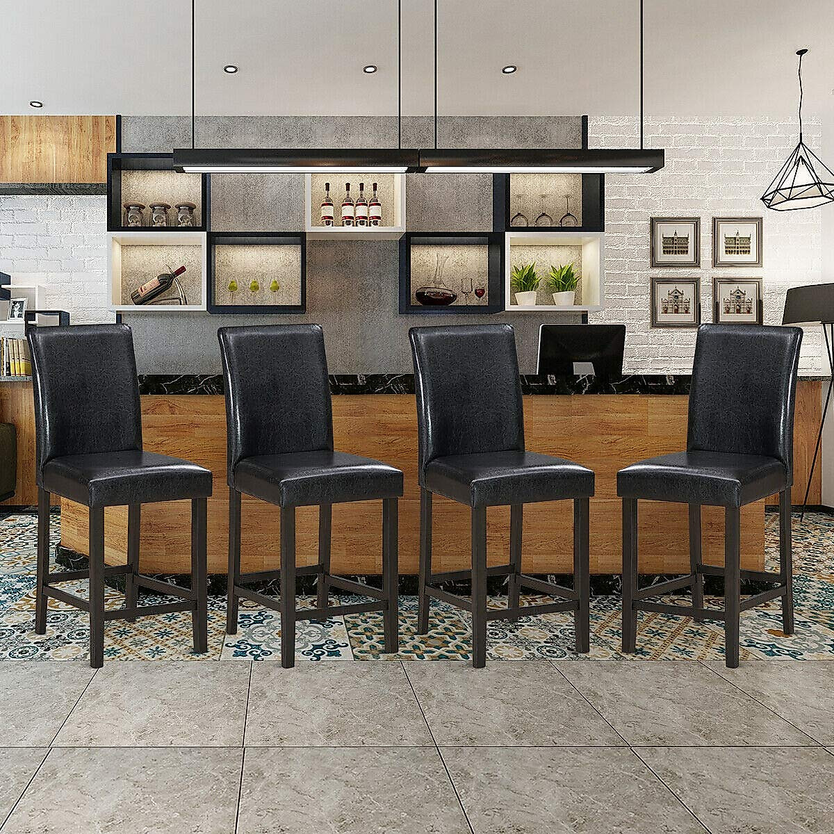 COSTWAY Barstools Set of 4, 25 inch Wooden Vintage Bar Chairs, Counter Stools w/Upholstered Foam Cushion & Solid Rubber Wood Legs, Classical Indoor Furniture for Bistro, Kitchen and Coffee House (4)