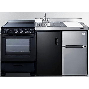 Summit Appliance ACK63ELSTB 64" Wide All-in-one Kitchenette with 4-Burner 220V Smooth-top Electric Range, Refrigerator-Freezer Sink, Cutting Board and Cutlery Storage, and Storage Cabinet