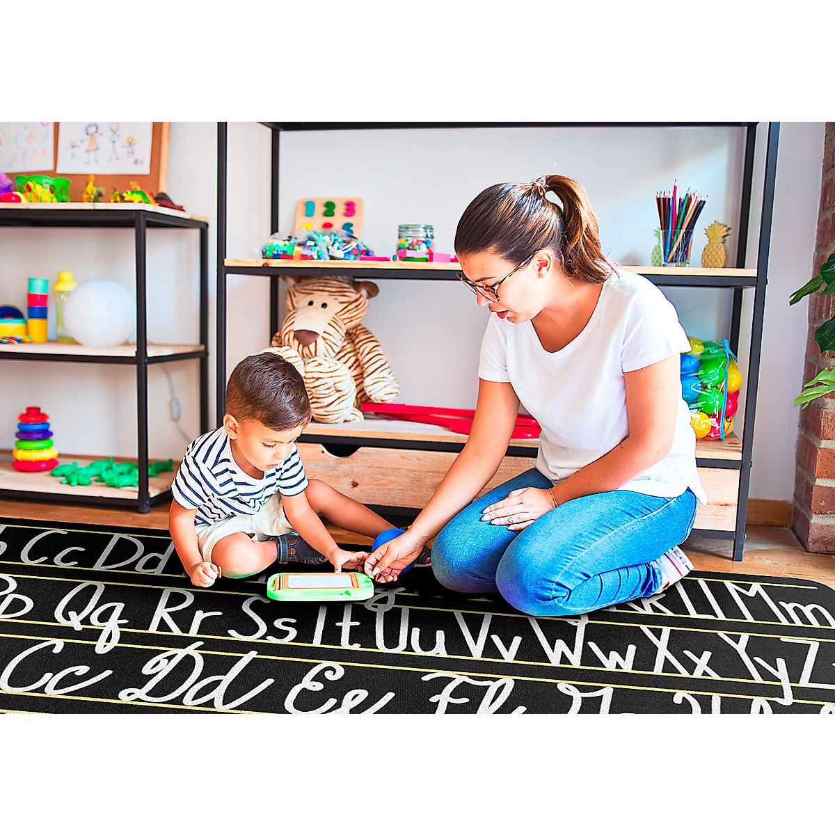 Flagship Carpets Handwriting Samplers ABC Children's Floor Area Rug for Indoor Classroom or Home Learning Area, Kids Room or Educational Play Mat, 7'6" x 12', Rectangle