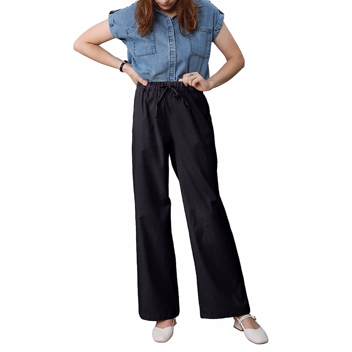 yoeasy Women Cotton Linen Drawstring Wide Leg Pants High Waisted Casual Loose Trousers with Pockets (X-Large, Black)