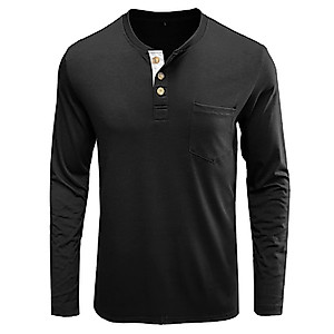 Fashion Mens Henley Shirts Classic Long Sleeve Basic Button Cotton T-Shirt with Pocket Black