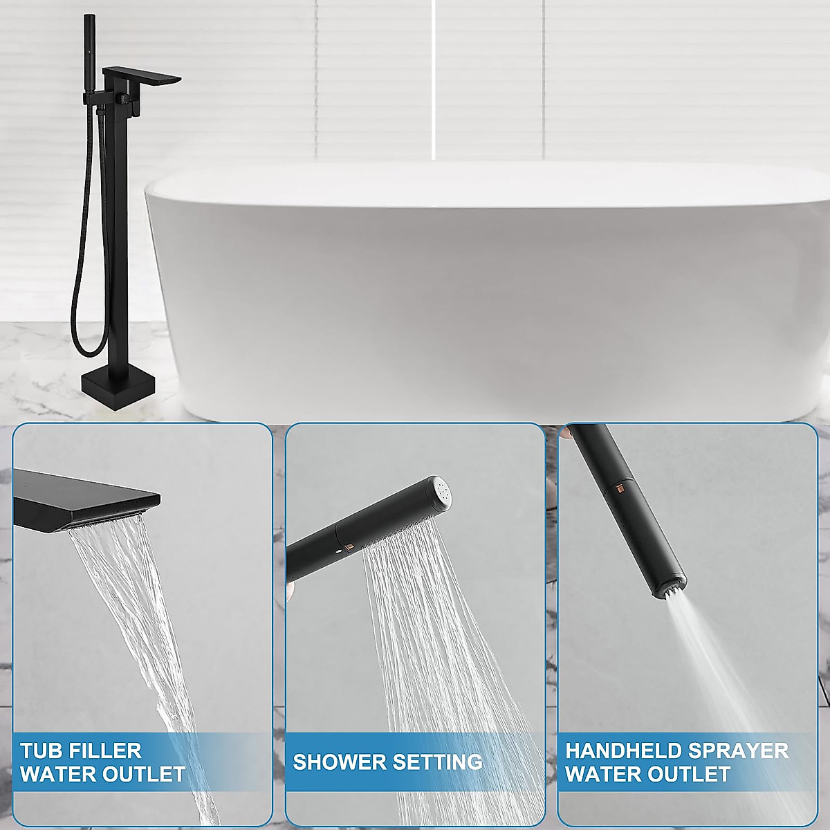 RUMOSE Matte Black Bathtub Filler Freestanding Tub Filler Floor Mount Tub Faucet Waterfall Free Standing Bathtub Faucet High Flow Brass Bath Shower Faucets with Handheld Sprayer