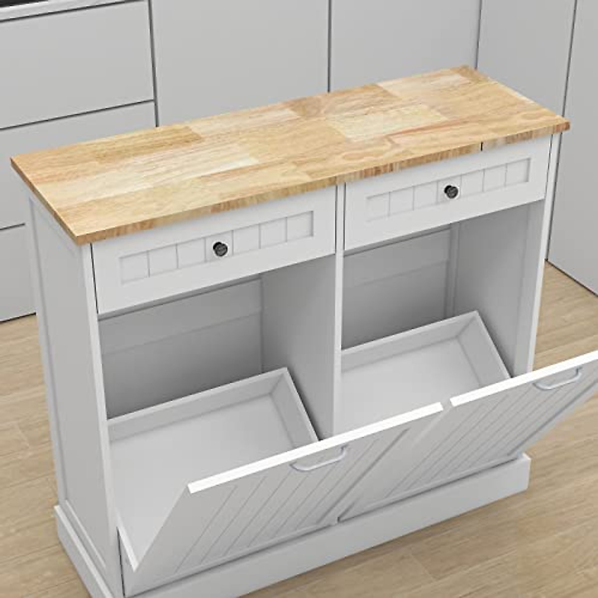 OQSC Double Tilt Out Trash Cabinet with 2 Drawers Wooden Free Standing Laundry Sorter Cabinet Kitchen Recycling Trash Can Bin Holder Cabinet with Storage (White)