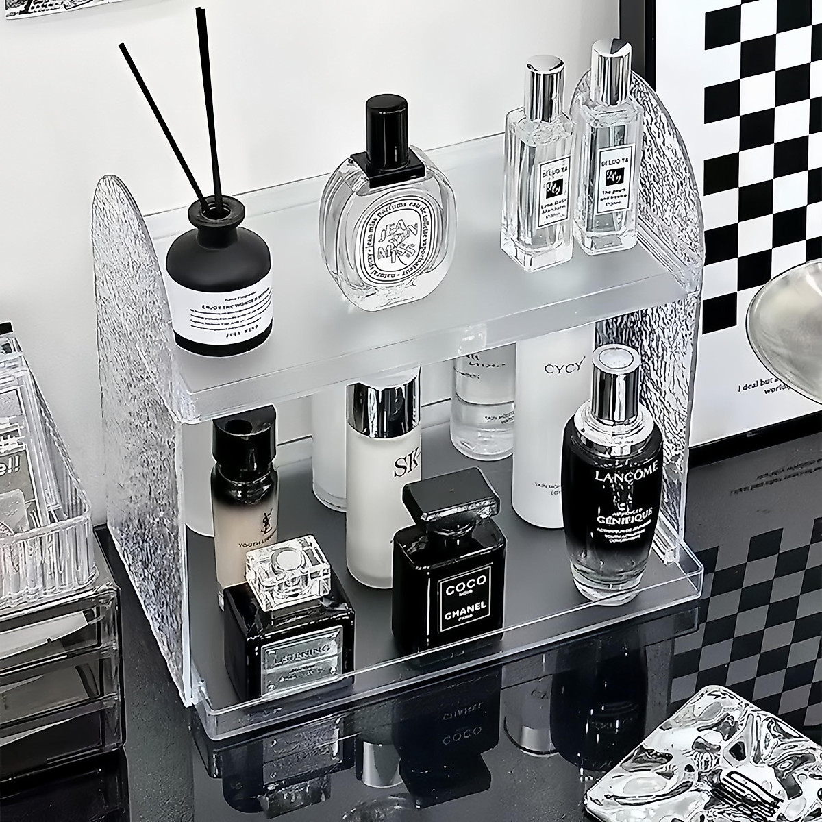 Elivida Perfume Organizer 2 Tier Makeup Organizer Acrylic Bathroom Counter Organizer Vanity Skincare Storage Shelf Modern Cosmetics Holder Shelf, Clear White