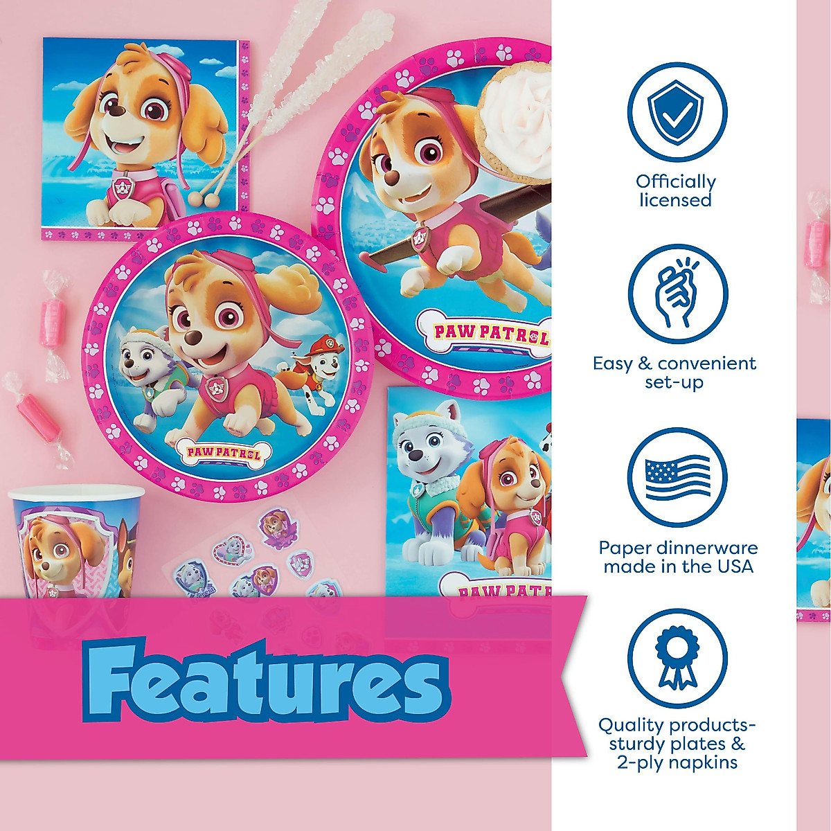 Pink Skye Paw Patrol Party Supplies and Decorations for Girls Birthday Party, Features Skye and Everest, Serves 16 Guests, Includes Tableware and Decor with Table Cover, Banner, Plates, Napkins & More