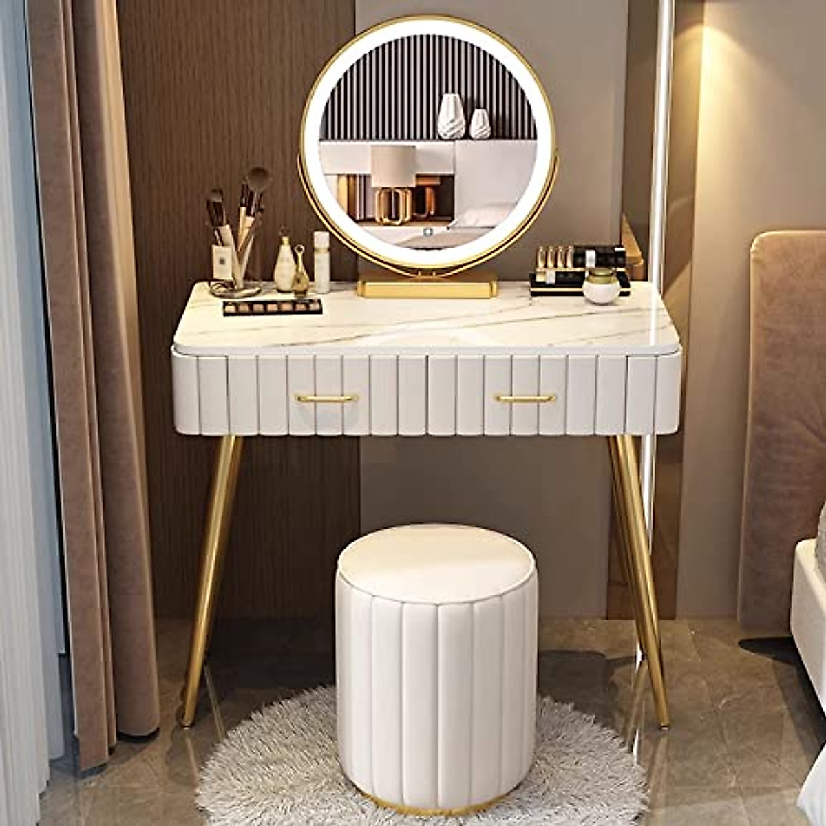 Large Vanity Desk With Round Mirror And Lights Makeup Table With 2 Drawers Dressing Table For Bedroom Golden Metal Legs Make Up Tables For Women Makeup Vanity Desk Set With Vanity Chair ( Color : Whit