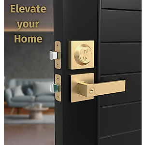 Mega Handles Entry Combo I Entry Lever Door Handle and Single Cylinder Deadbolt Lock and Key Combo Pack - Heavy Duty Square Locking Lever Set for Left or Right-Handed Doors - Satin Brass