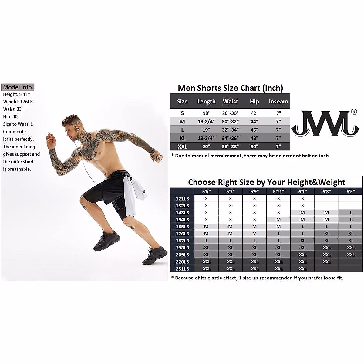 JWJ Men's 2 in 1 Workout Running Shorts 7 Inch Lightweight Athletic Gym Shorts with Compression Liner Black L