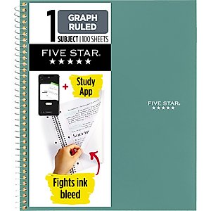 Five Star Spiral Notebook + Study App, 1 Subject, Graph Ruled Paper, Fights Ink Bleed, Water Resistant Cover, 8-1/2" x 11", 100 Sheets, Seaglass Green (620000CH1)