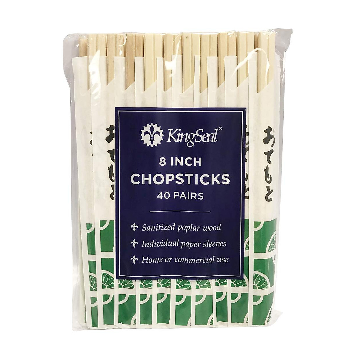 KingSeal 8 Inch Natural Poplar Wood Chopsticks, Indiv. Wrapped in Paper Sleeve, Bulk Pack - 80 Pairs (2 Packs of 40 Pairs)