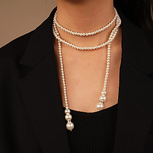 YERTTER Vintage 1920s Pearl Choker Necklace Long Sweater Choker Round Faux Pearl Strand Pearl Choker Statement Collar Neck Gift for Her (D)