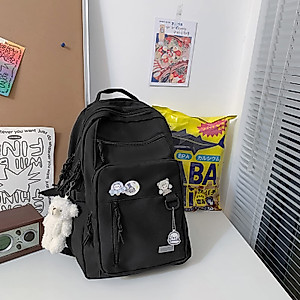 GAXOS Cute Aesthetic Backpacks for Teens Laptop Black Backpacks Middle School Bag Student Bear Pin Book Bags