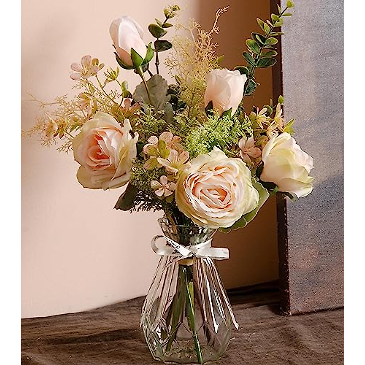 PERFNIQUE Faux Flowers with Vase, Artificial Silk Roses in Vase, Fake Eucalyptus Plant Bouquet, Floral Arrangements for Living Room, Dining Table Centerpiece, Coffee Table Decor (Peach Pink)