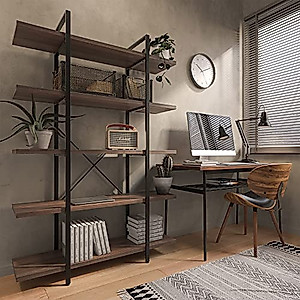 BELLEZE 5-Tier Wood Bookshelf, 70 Inch Industrial Storage Shelves Organizer for Living Room, Pantry, Home Office and Garage, Open Display Shelves with Metal Frame - Dark Walnut