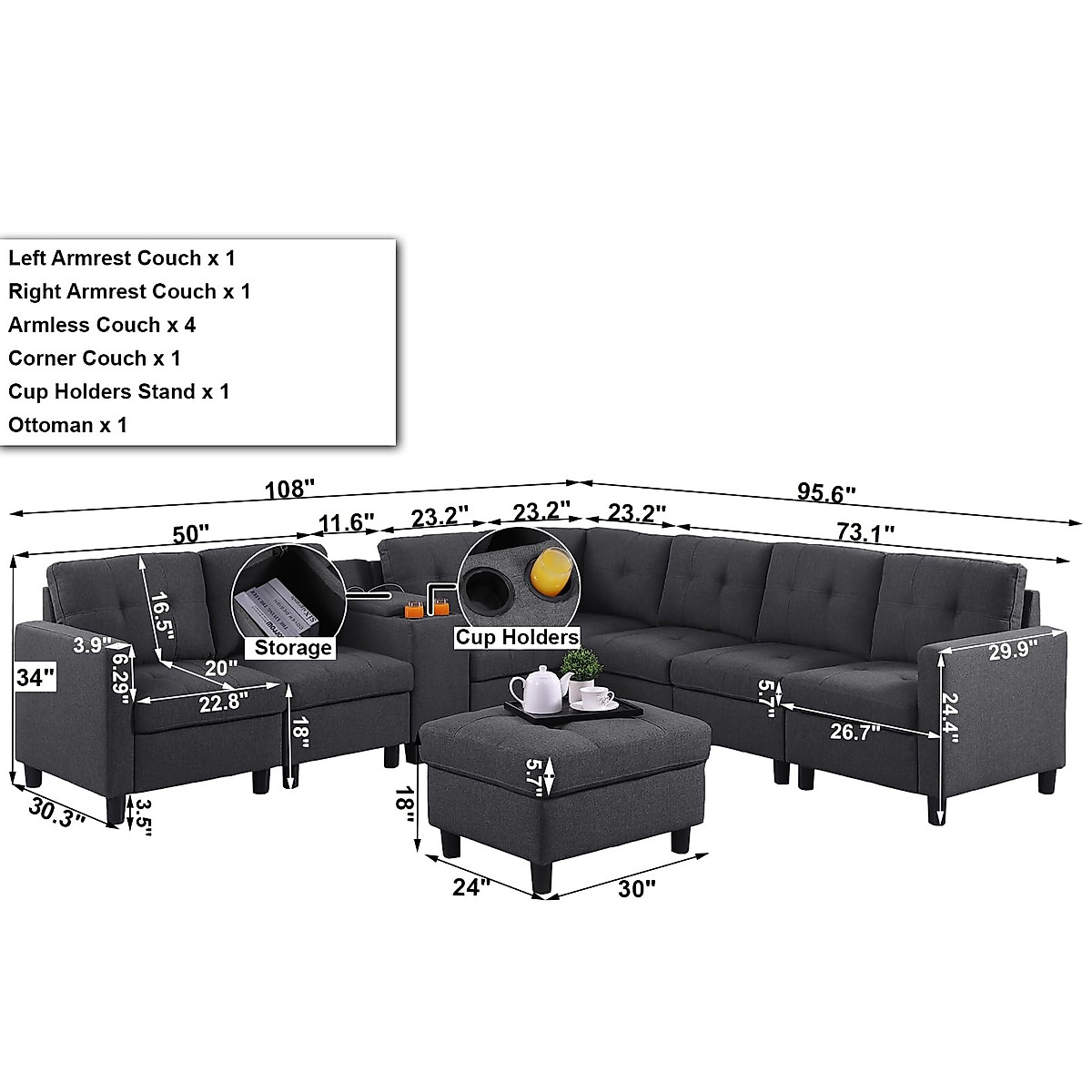 asunflower Modular Fabric Sectional Sofa Ottoman Set, L Shape Sofa Couch with Console, Cup Holder, Charging Ports Convertible Sectional Couch for Living Room Apartment