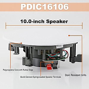 Pyle Pair 10” Flush Mount in-Wall in-Ceiling 2-Way Speaker System Spring Loaded Quick Connections Changeable Round/Square Grill Stereo Sound Polypropylene Cone Polymer Tweeter 300 Watts (PDIC16106)