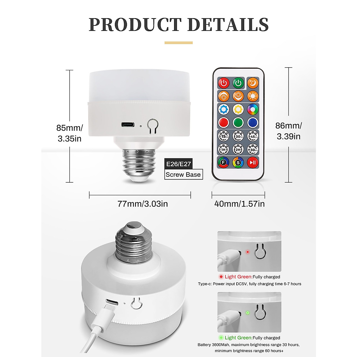 Rechargeable Battery Operated Light Bulb [2 Pack], Bright Rechargeable Light Bulbs, 3600mAh, 110lm, E26 Socket, Multiple Colors, Remote Control Puck Emergency Lamp,Timer,Dimmer,for Non-Hardwired