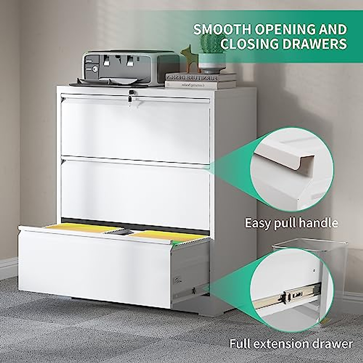 IKIMI Lateral File Cabinets with Drawer,Metal Lateral Filing Cabinet for Home Office,Wide Steel Storage Cabinet Commercial Drawer Cabinet for Legal/Letter/A4 Size Files