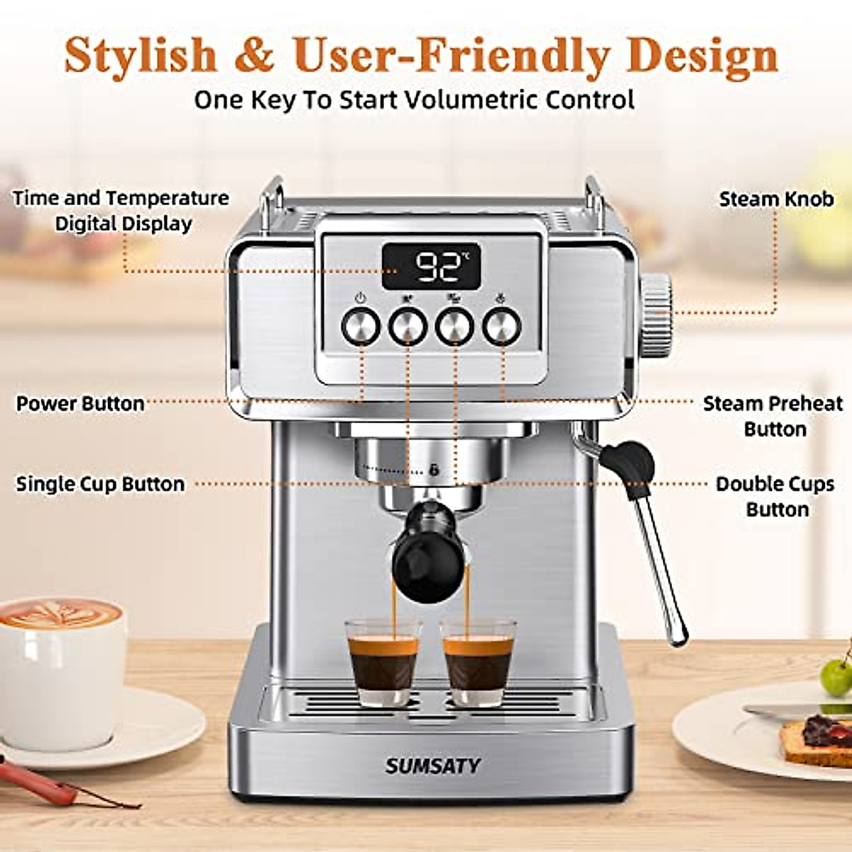 SUMSATY Espresso Machine, Stainless Steel Espresso Machine with Milk Frother for Latte, Cappuccino, Machiato,for Home Espresso Maker, 1.8L Water Tank, 20 Bar