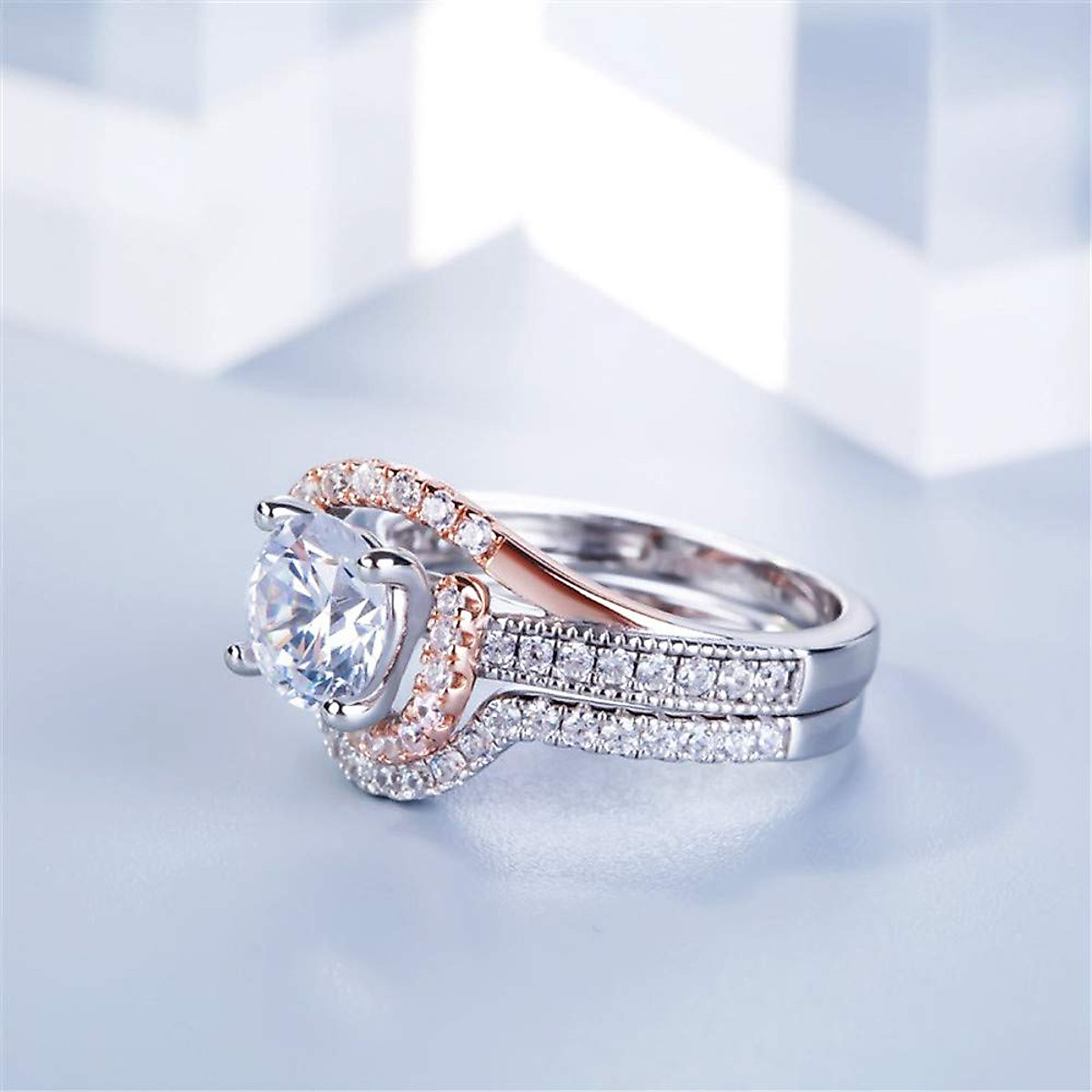 Jeulia Split Shank Halo Diamond Engagement Ring Sterling Silver CZ Wedding Set Round Cut Solitaire Bridal Set Promise Anniversary Rings with Jewelry Box (9.5)