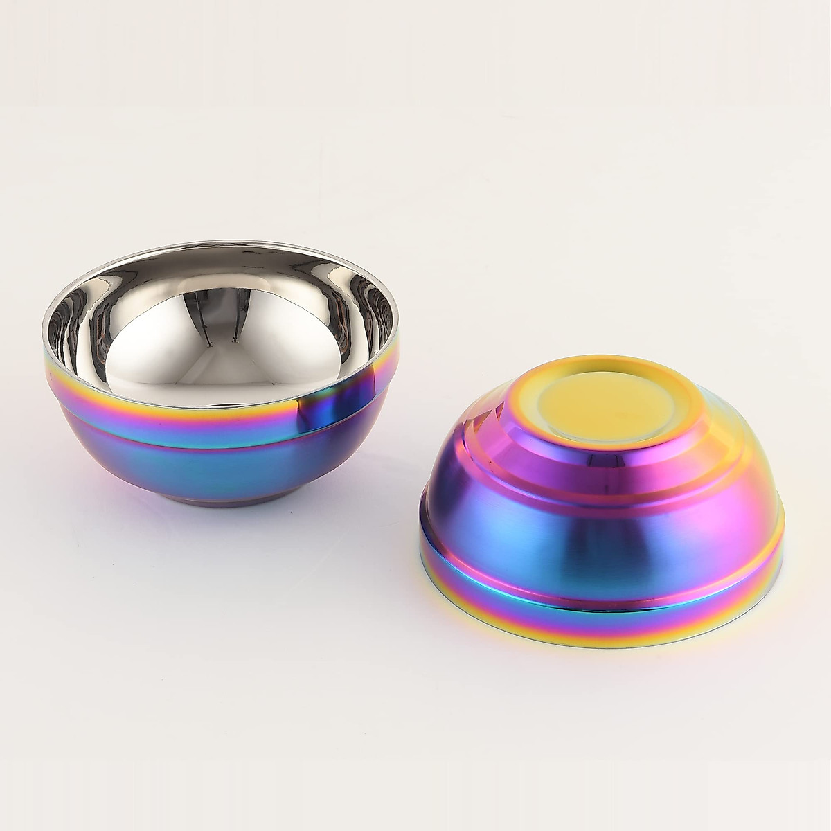 FPXRNG Rainbow Bowl Set of 4x Cereal Bowls and 4x Spoons Double Layer Stainless Steel 5.1 inch Round Bowls for Rice Ice Cream bowl Set for Kitchen