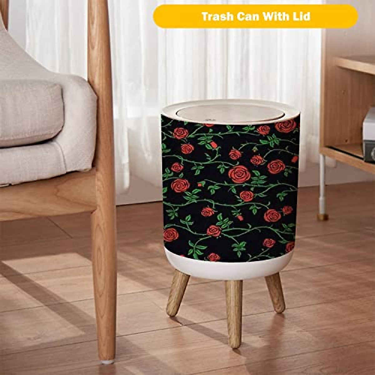 Small Trash Can with Lid Red Rose Floral Seamless with Climbing Curly Flower Green Leaf and Wood Legs Press Cover Garbage Bin Round Waste Bin Wastebasket for Kitchen Bathroom Office 7L/1.8 Gallon