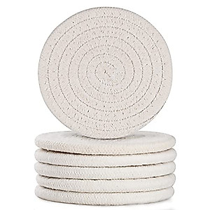 GeeRic 6 Pcs Bar Coasters for Drinks, Handmade Braided Woven Drink Coaster Set, Beermat Beverage Coaster 4.3” Non Slip Coasters, White