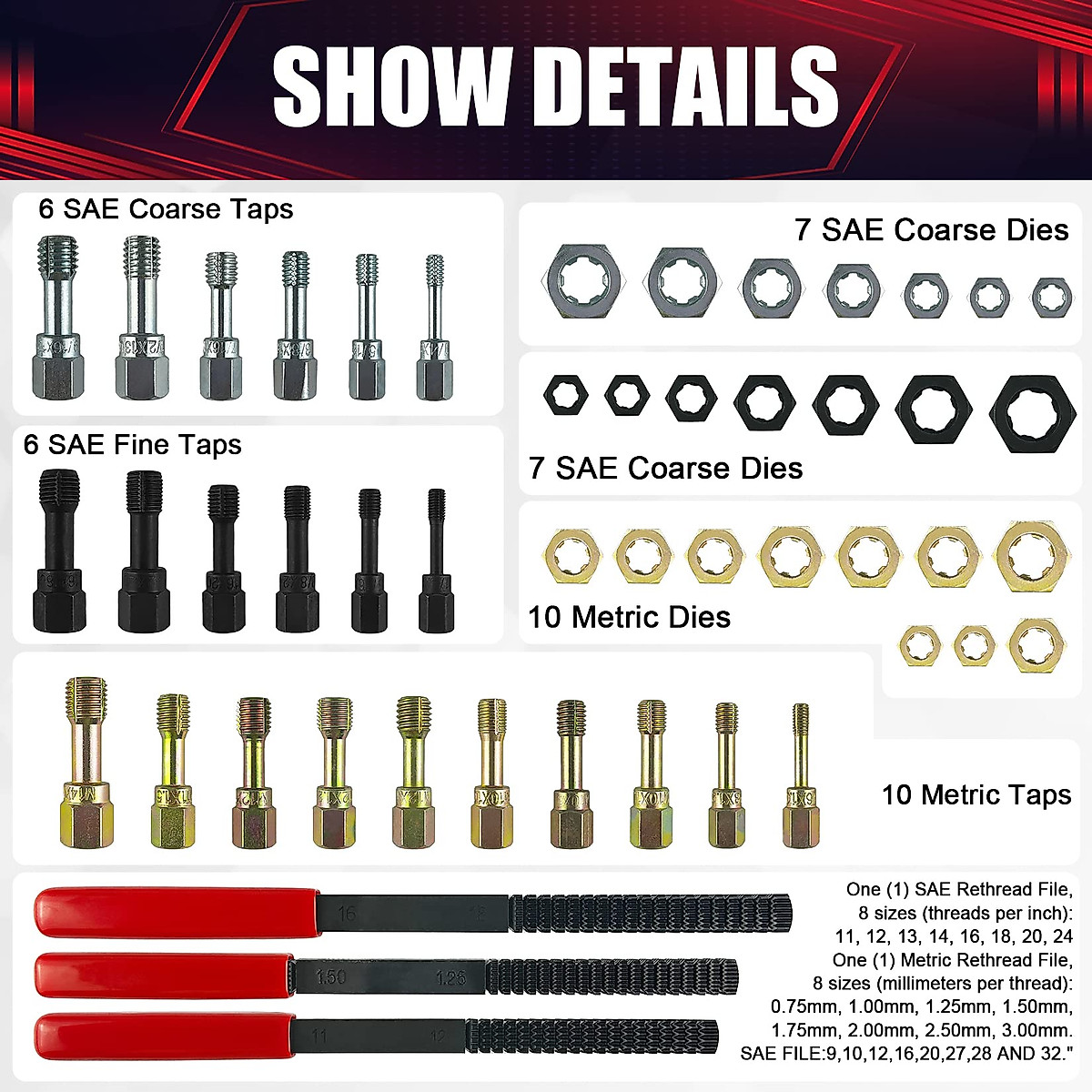 wesleydrill 49PCS Thread Chaser Set, Metric and SAE Thread Restorer Tool with Thread Pitch Gauge, Including 22 Taps, 24 Dies, 3 Thread Files, UNF & UNC Size