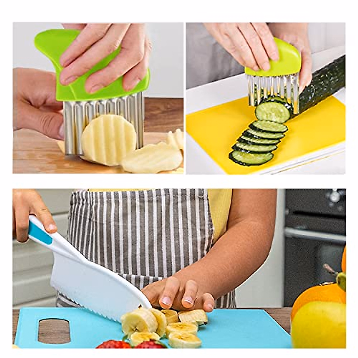 JIANYI Kids Knife Set, Kitchen Baking Knife Set with Crinkle Cutter, Serrated Edges Plastic Toddler Knife Kids Safe Knives for Real Cooking & Cutting Fruit, Bread, Lettuce - Set of 4