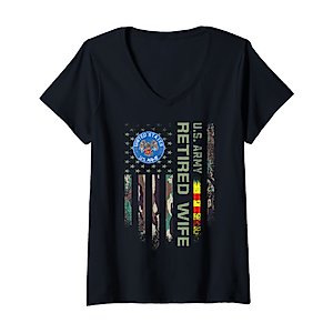 Womens Vintage USA Camo Flag US Army Vietnam Veteran Retired Wife V-Neck T-Shirt