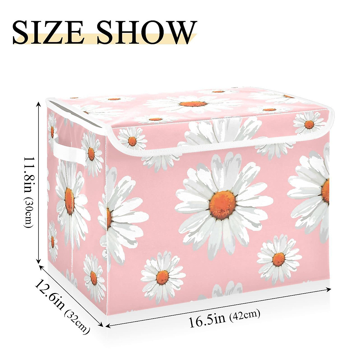 GUIJI Chamomiles Pink Fabric Storage Bins with Lids and Handle，Foldable Storage Bins with Lids，Closet Organizers for Clothes Storage，Room Organization, Office Storage, Chest Organizer