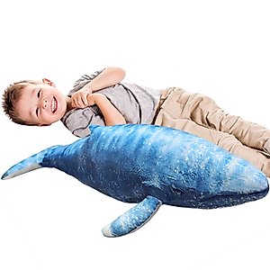 ELAINREN 110cm Japanse Blue Whale Plush Large Whale Shark Soft Hugging Body Pillow, Lifelike Humpback Whale Stuffed Ocean Animals Plushie Gifts