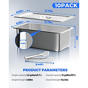WantJoin 1/3 Size Hotel Pans with lids,10 Pack 6" Inch Deep Commercial Steam Table Pans Third Size with lids,Stainless Steel Steam Pan Restaurant Anti Clogging Steamer for Party,Restaurant,Hotel