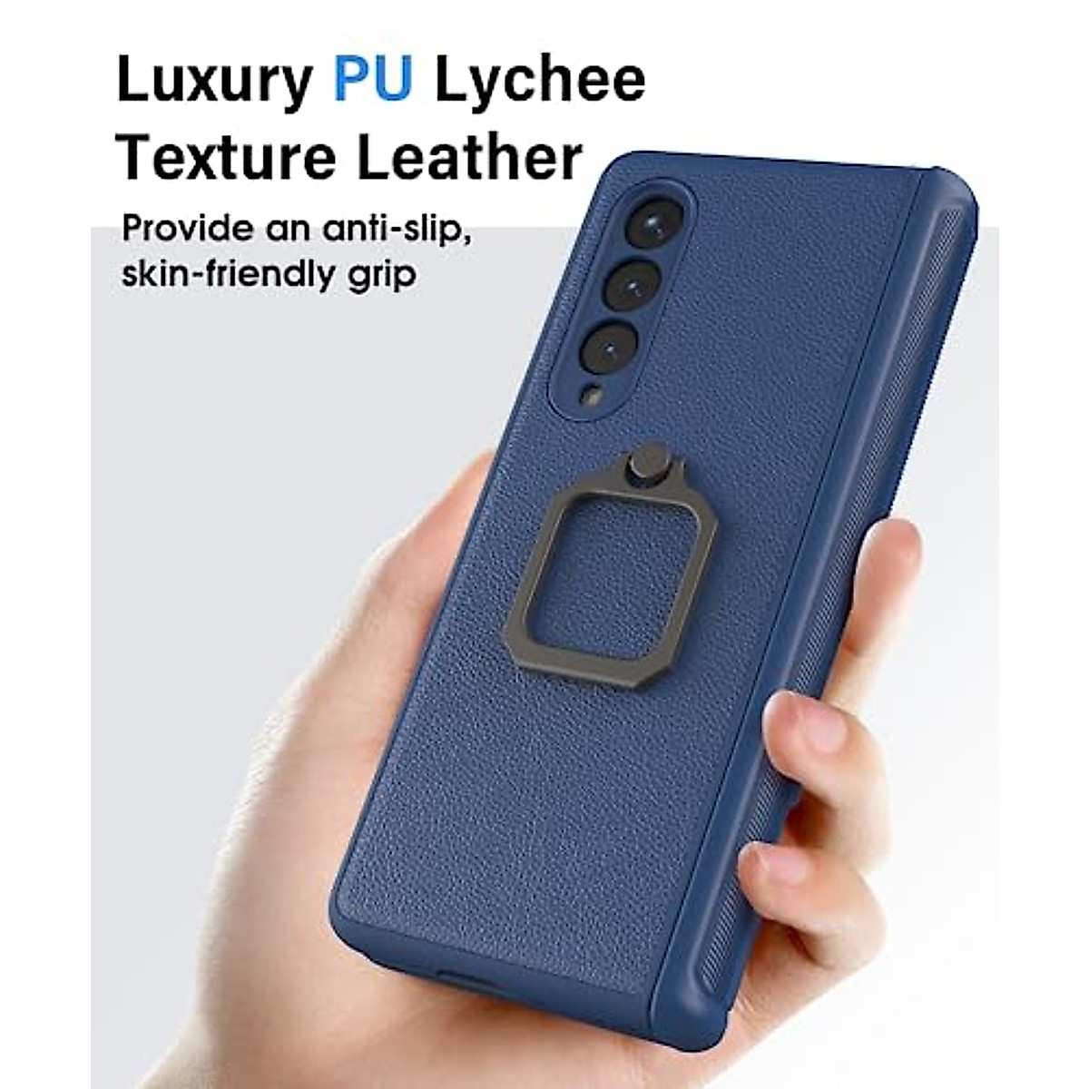 ATATOO for Samsung Galaxy Z Fold 3 Case, Z Fold3 Case Built-in Screen Protector & Hinge Protection & Kickstand, Durable Anti-Scratch Full Body Protection Leather Phone Case for Galaxy Z Fold 3,Blue