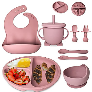 mutualproducts - Baby Feeding Supplies 8-Piece | Baby Led Weaning Utensils Set Includes Suction Bowl and Plate, Spoon and Fork, Sippy Cup with Straw and Lid (Peach Pink)